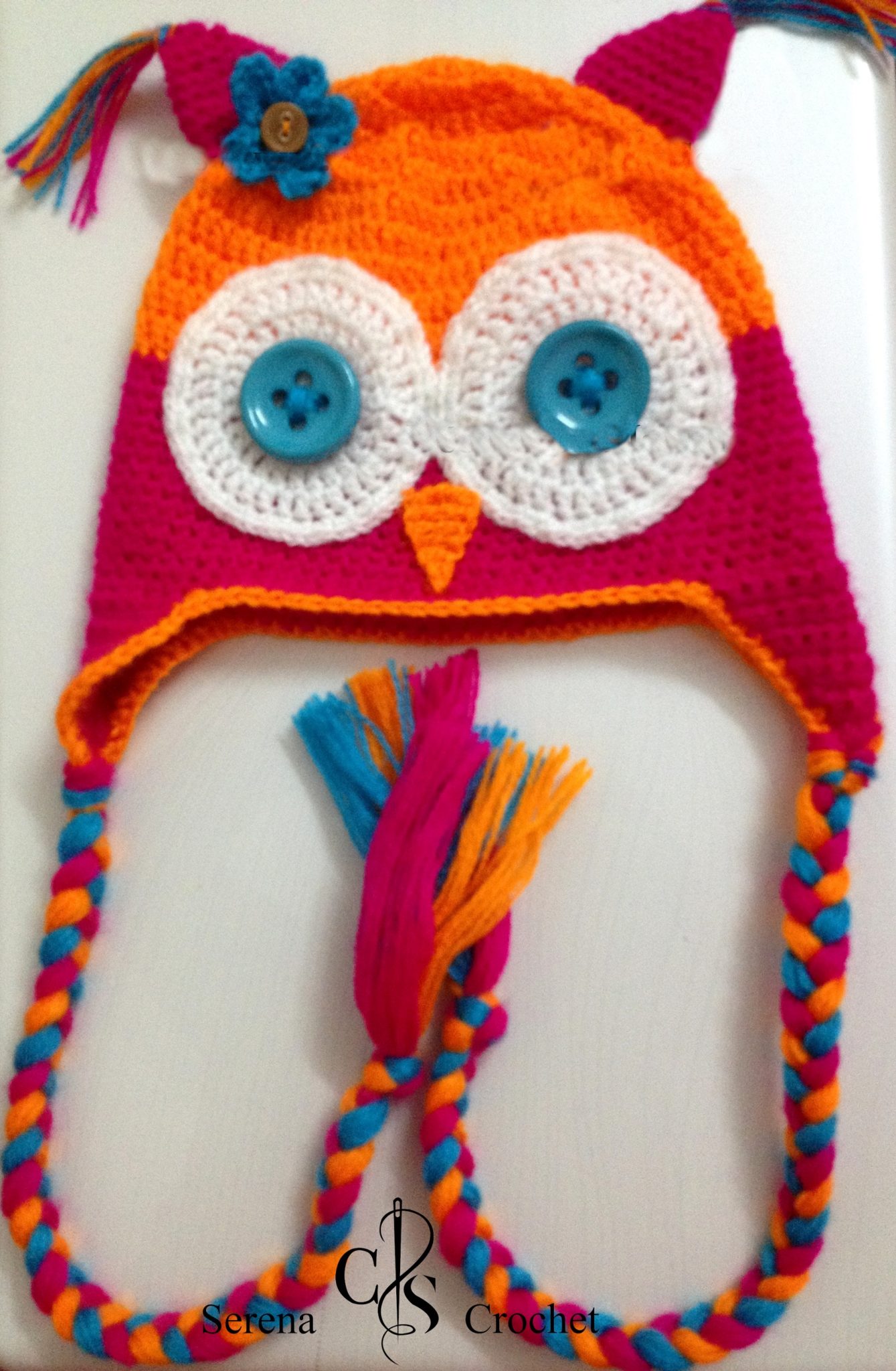 Bonnet Hiboux rose orange au crochet Hand-made - Serena Crochet